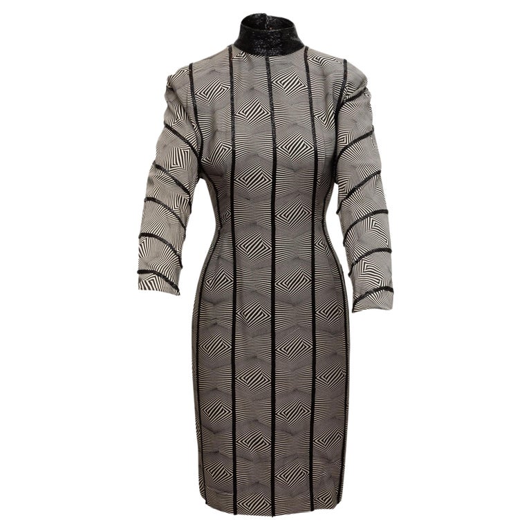 Fabrice Vintage Black and White Silk Optical Illusion Print Dress For ...