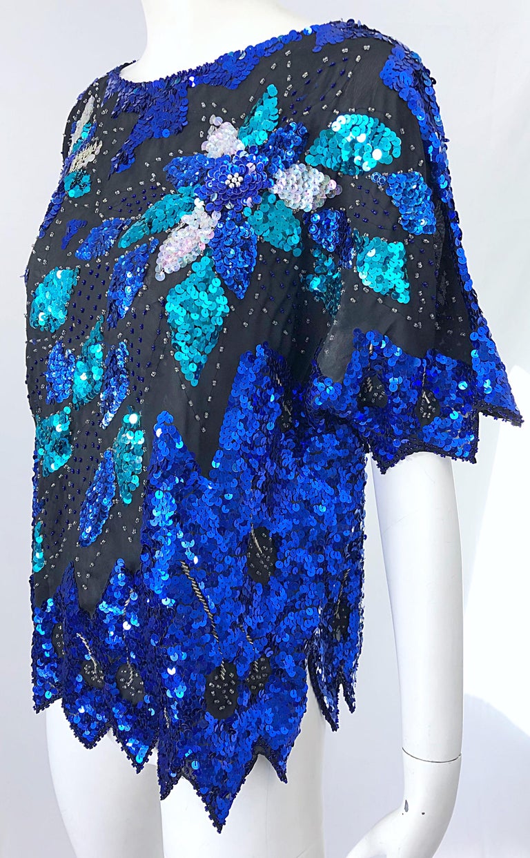 Fabulous 1980s Large Size Blue Turquoise Silver Sequin Silk Blouse Top ...