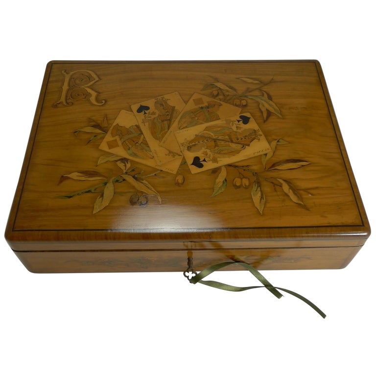 Fabulous Marquetry Inlaid Olive Wood Games or Playing Cards Box, French ...
