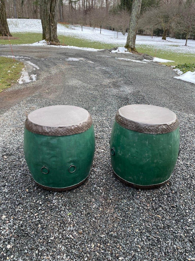 Fabulous Pair of Green Wood and Metal Chinese Drum Side Tables For Sale ...