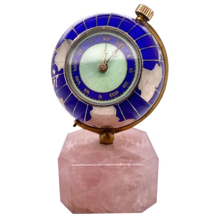 Fabulous Sterling, Enamel Quartz Miniature Map Clock For Sale at 1stDibs