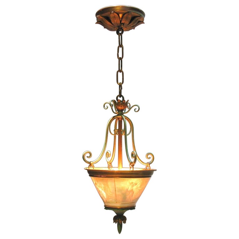 Fabulous Wrought Brass and Lithophane Ceiling Light, Early 20th Century ...