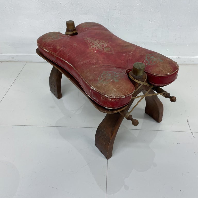 Fabulously Distressed IZMIR Red Camel Foot Stool Leather Wood Metal and ...
