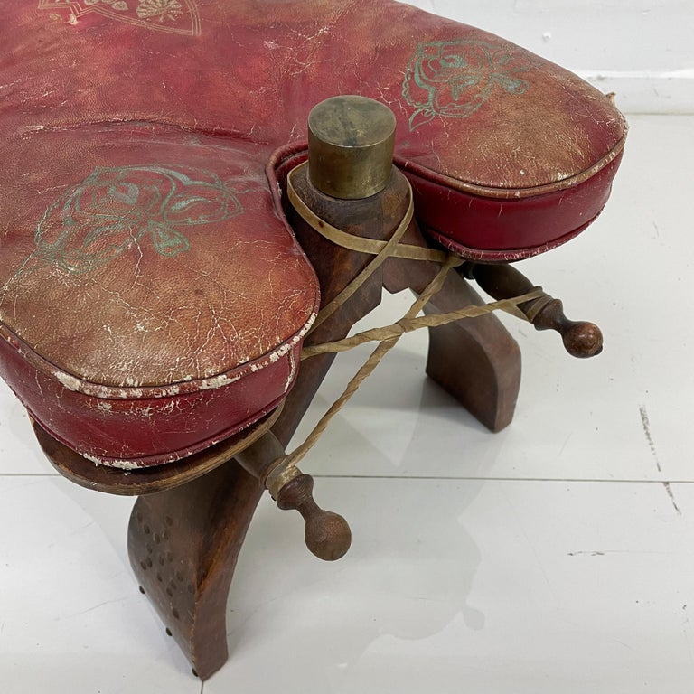 Fabulously Distressed IZMIR Red Camel Foot Stool Leather Wood Metal and ...