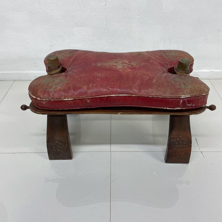 Fabulously Distressed IZMIR Red Camel Foot Stool Leather Wood Metal and ...