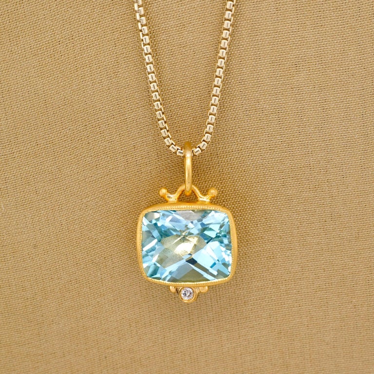 Faceted Checkerboard Bright Blue Topaz Pendant, 24K Solid Gold Necklace ...