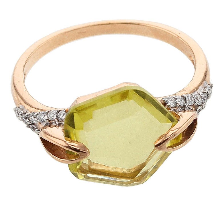 Faceted Lemon Topaz and Diamond Ring, Rose Gold at 1stDibs