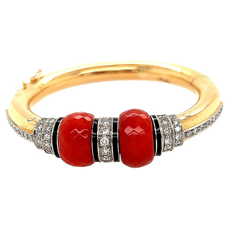 Faceted Red Coral and Diamond Bracelet For Sale at 1stDibs