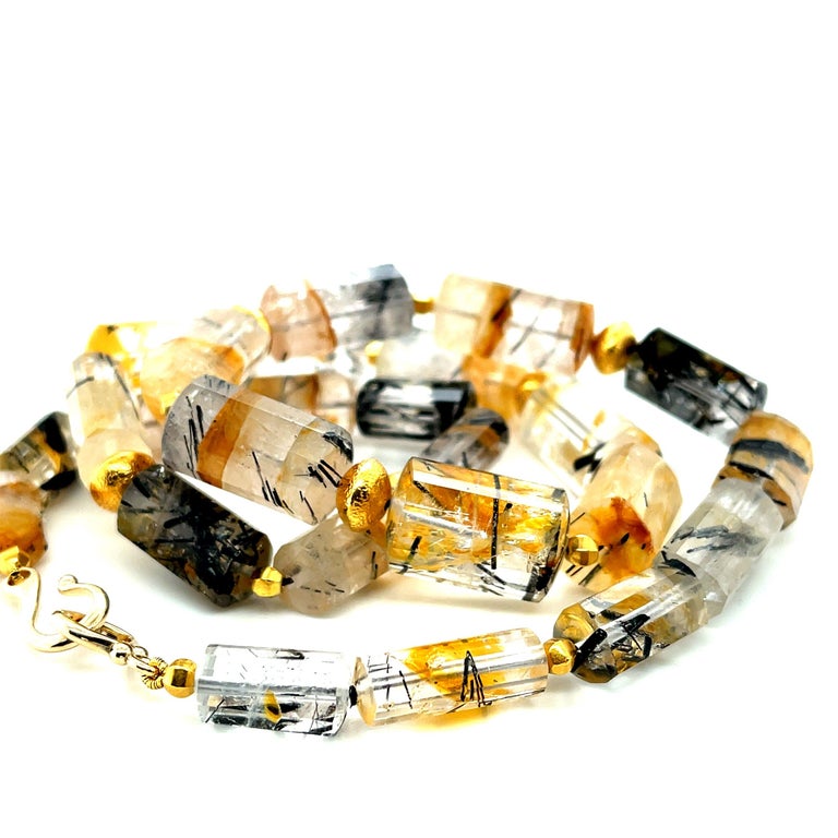 Faceted Rutilated Quartz Bead Necklace, Yellow Gold Accents and Clasp ...