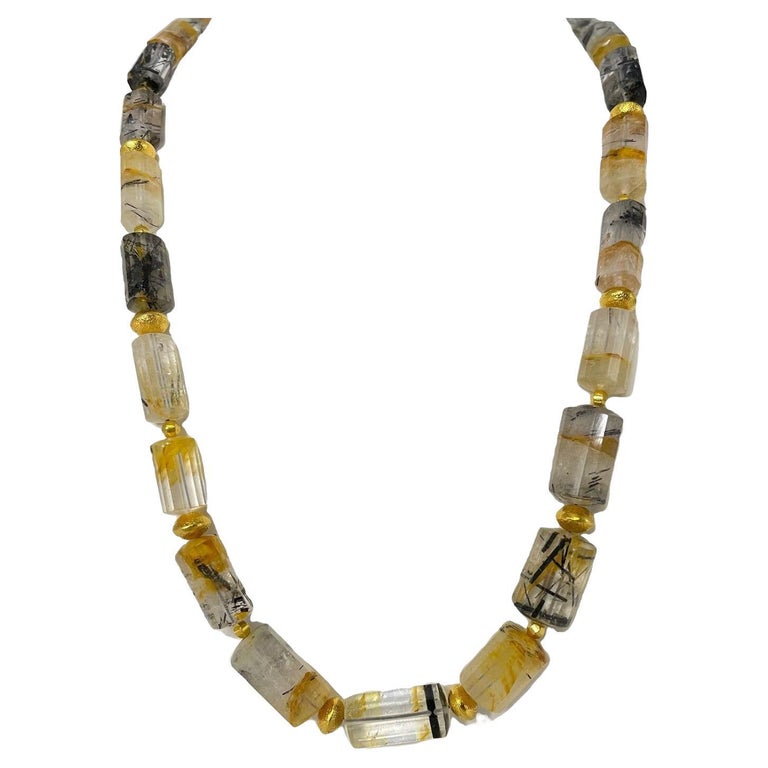Faceted Rutilated Quartz Bead Necklace, Yellow Gold Accents and Clasp ...