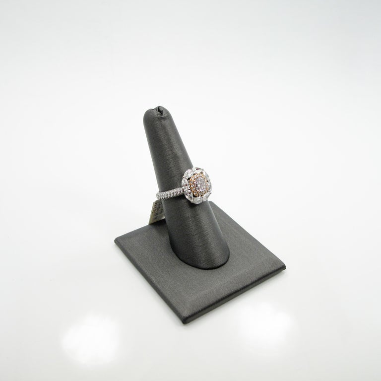 Faint Pink Cushion Diamond with Pear Halo and Pave Ring For Sale at 1stDibs