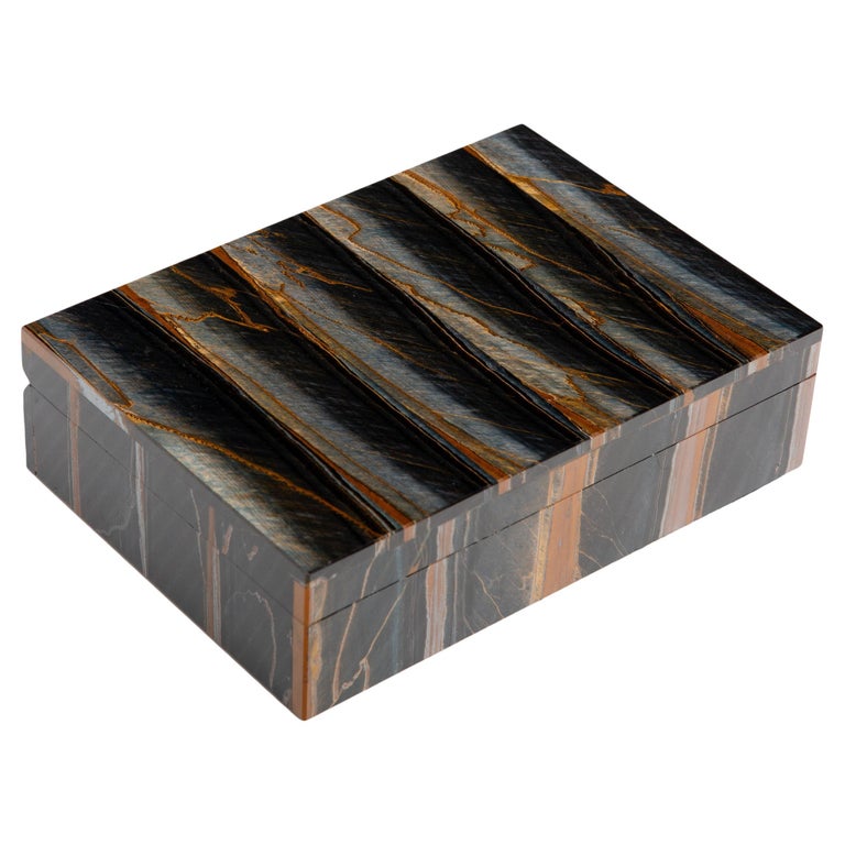 Falcon's Eye Semi Precious Stone Box with Hinged Lid For Sale at 1stDibs