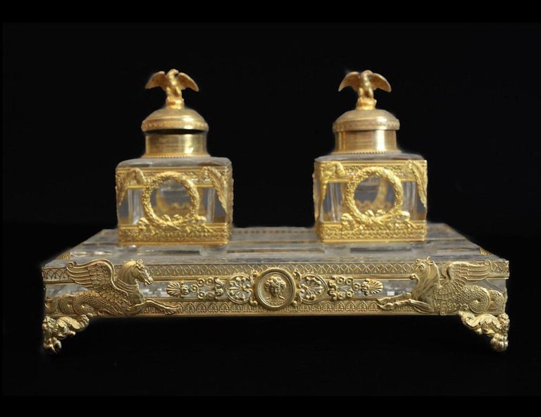 Falize French Gilt Silver and Cut Glass Encrier Dual Inkwells Eagle ...