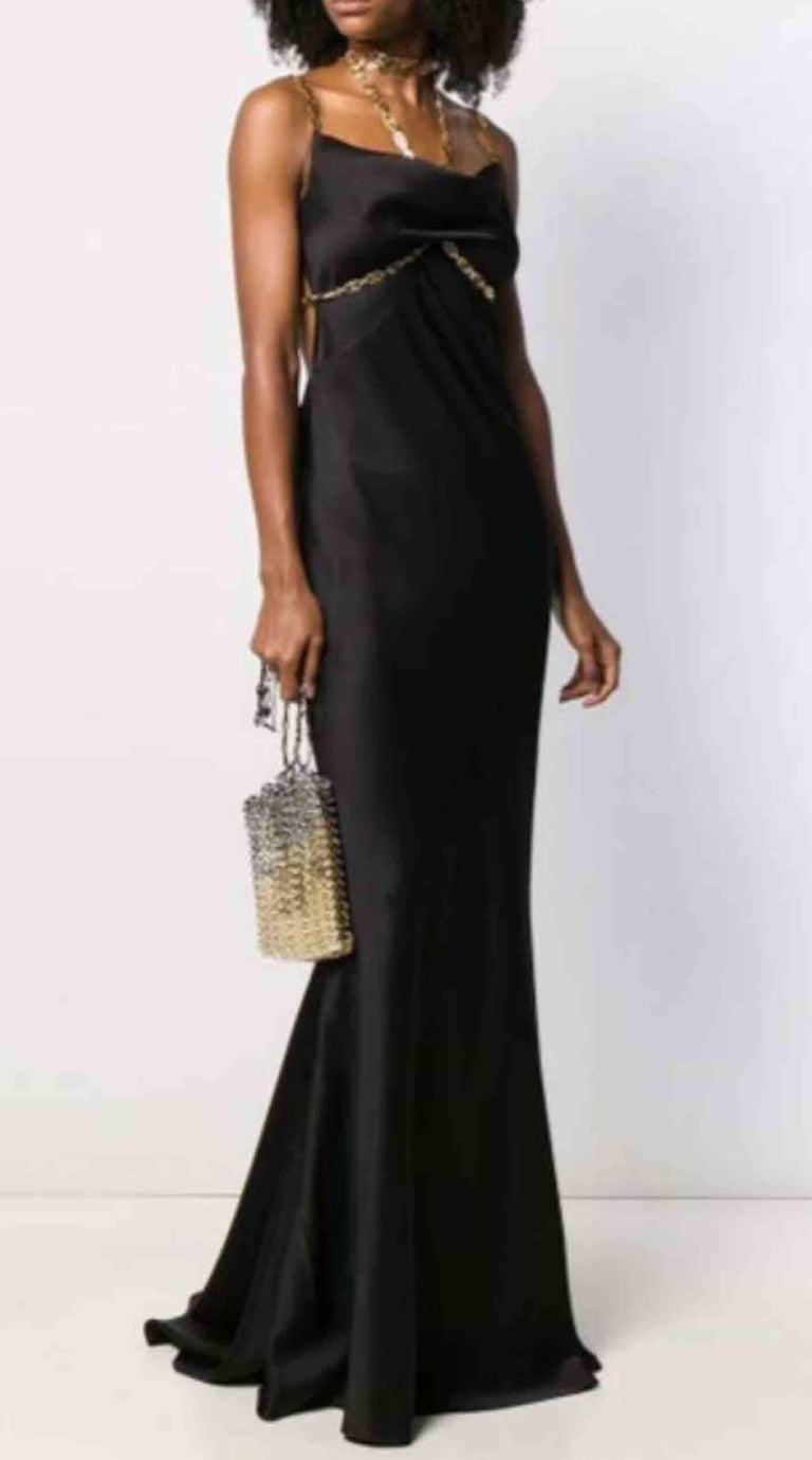 Fall 2019 look # 60 VERSACE BLACK SILK EVENING GOWN with CHAIN details ...