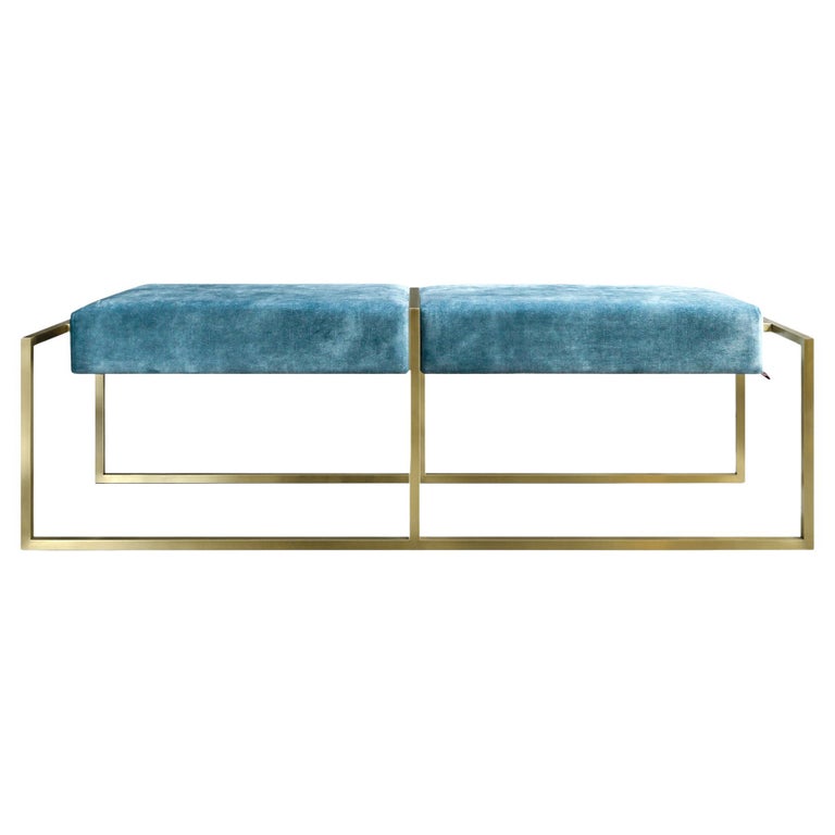 Famed Brass Velvet Blue Upholstered Bench For Sale at 1stDibs