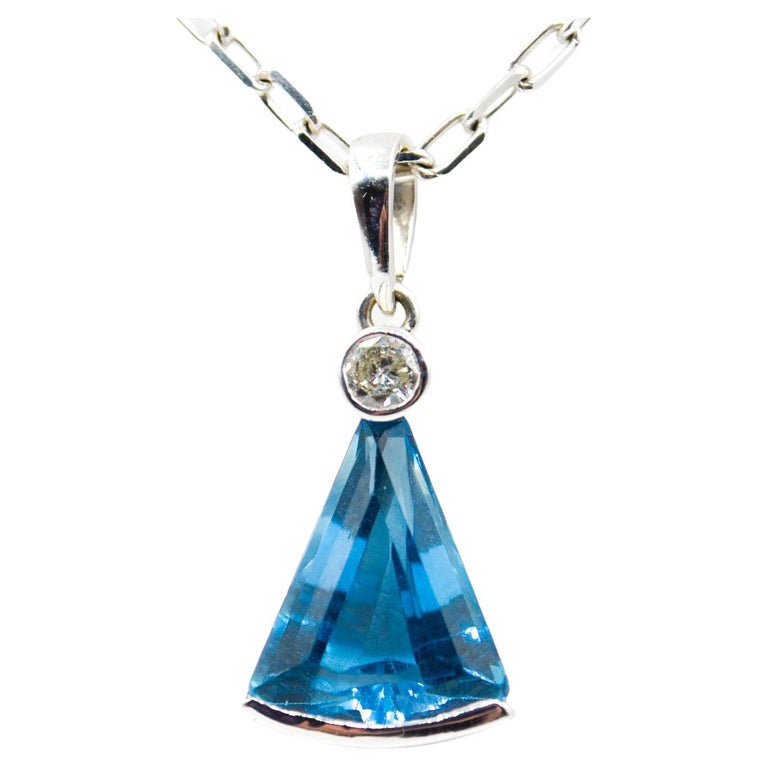Fan Step-Cut London Blue Topaz w/ Round Brillant Diamond Accent Pendant ...