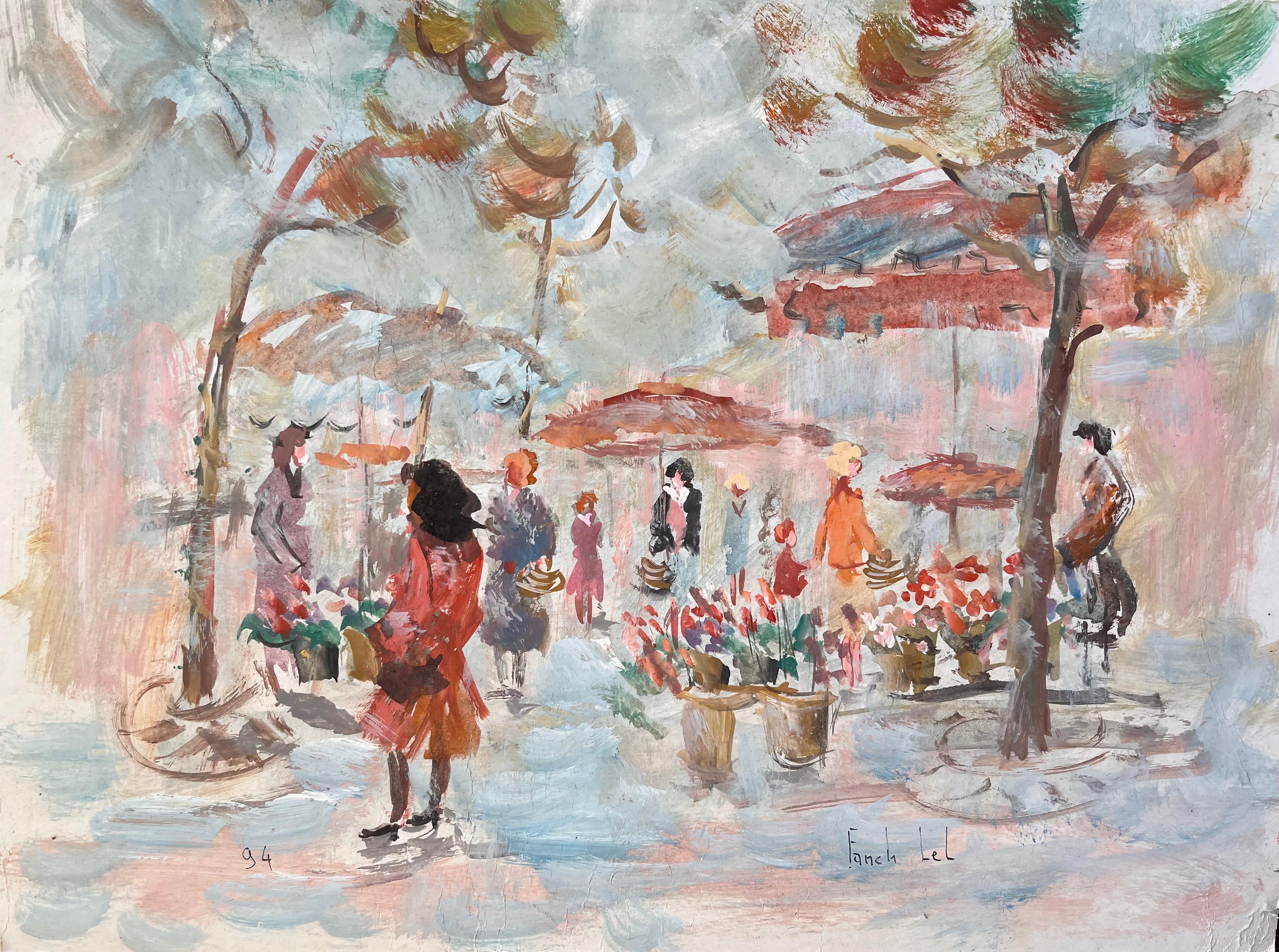 Fanch Lel - French Ink Drawing of Market Scene with Figures and ...