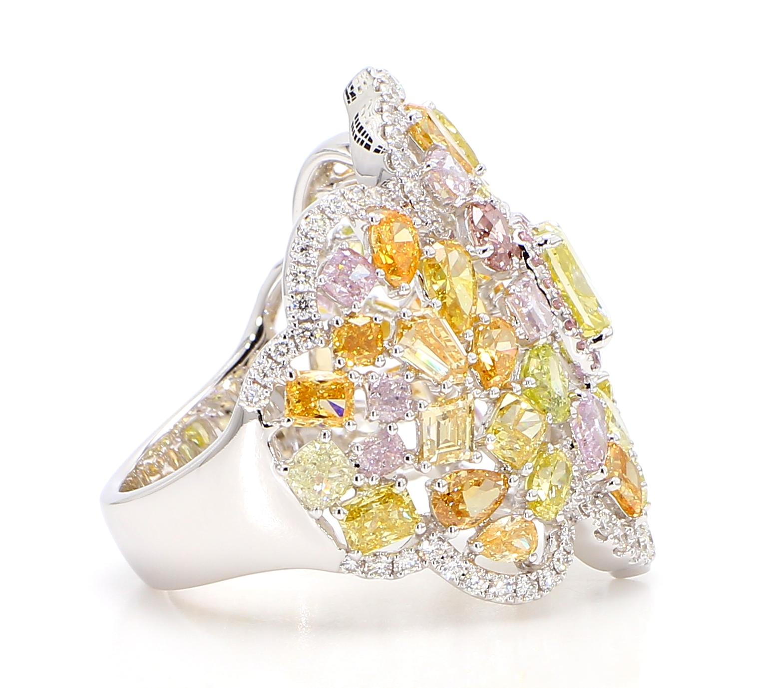 Fancy Color Cluster Dome Ring 6.76 Carats of Pink Green Orange Dia *1 ...
