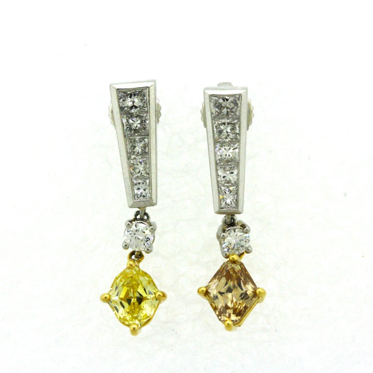 Fancy Colored Diamond Gold and Platinum Drop Earrings For Sale at 1stDibs