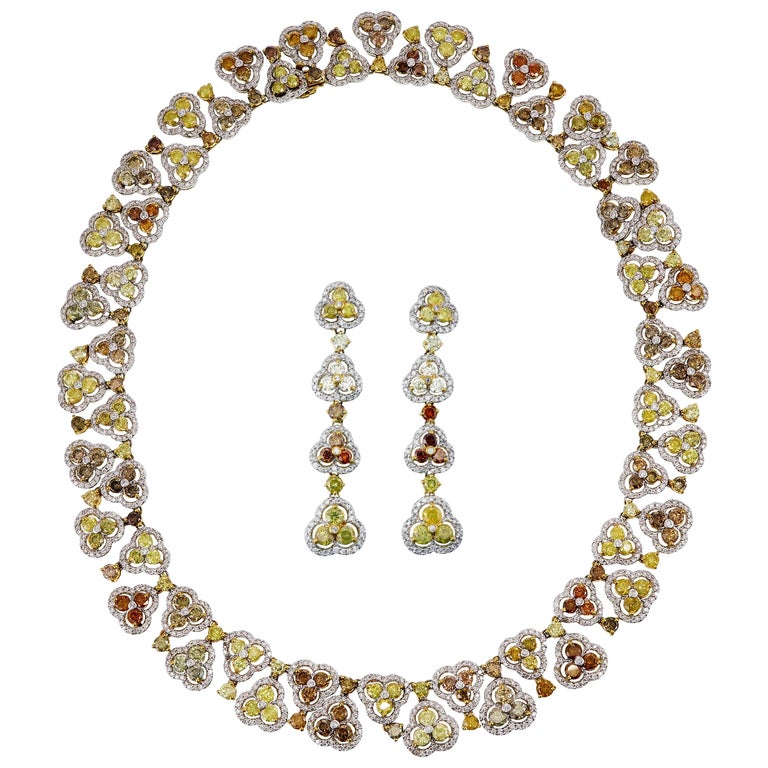Fancy Colored Diamond Necklace and Earring Set in 18 Karat Gold at 1stDibs