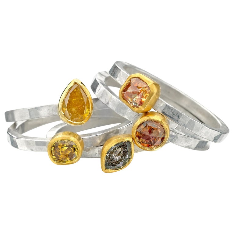 Fancy Colored Diamond Stack Rings 22 Karat Gold and Argentium Silver at ...