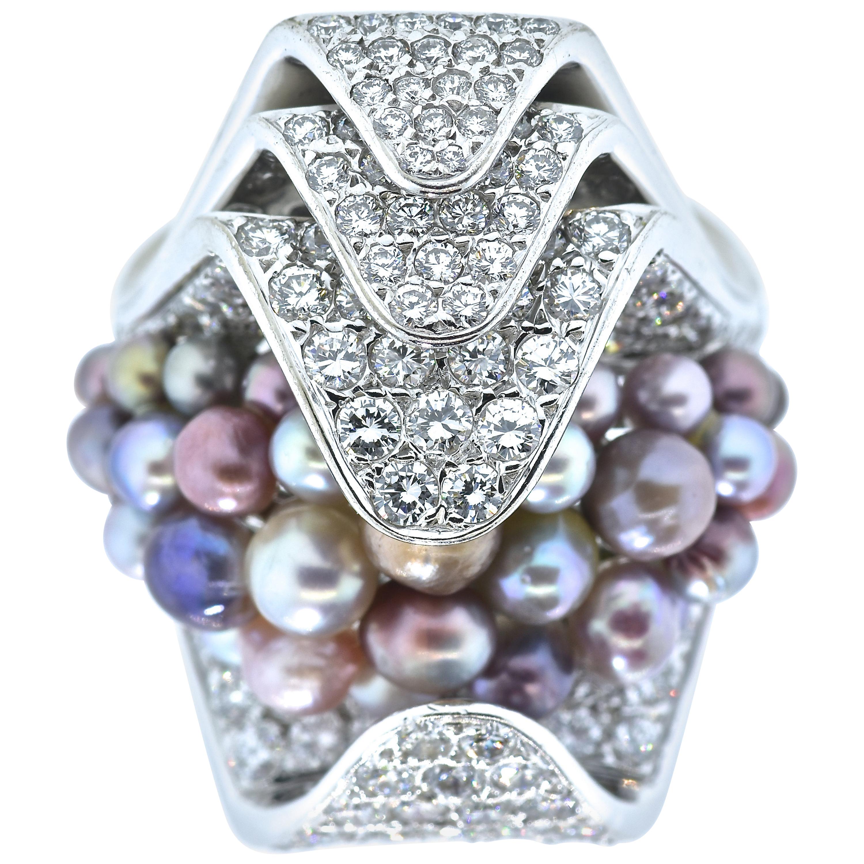 Fancy Colored Natural Pearls and Fine White Diamond Ring For Sale at ...