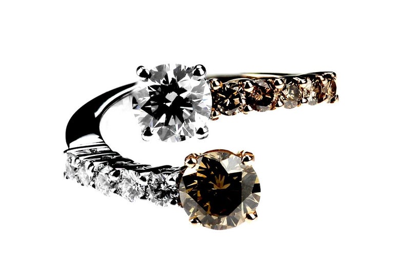 Fancy Dark Yellow Color Diamond Cross Over Ring in Bimetal 18K White ...