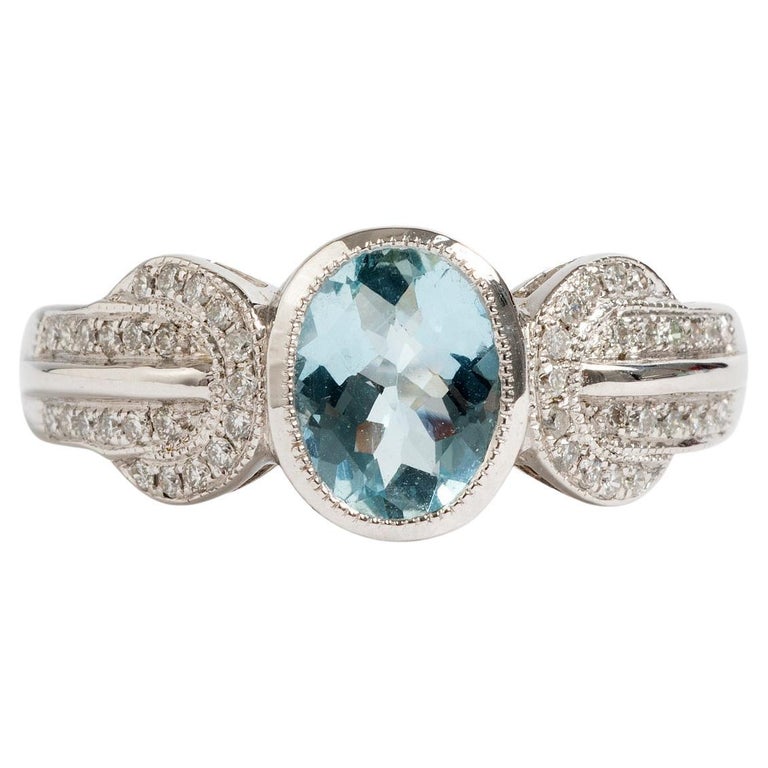 Fancy Diamond and Aqua Oval Dress Ring, 9K White Gold at 1stDibs