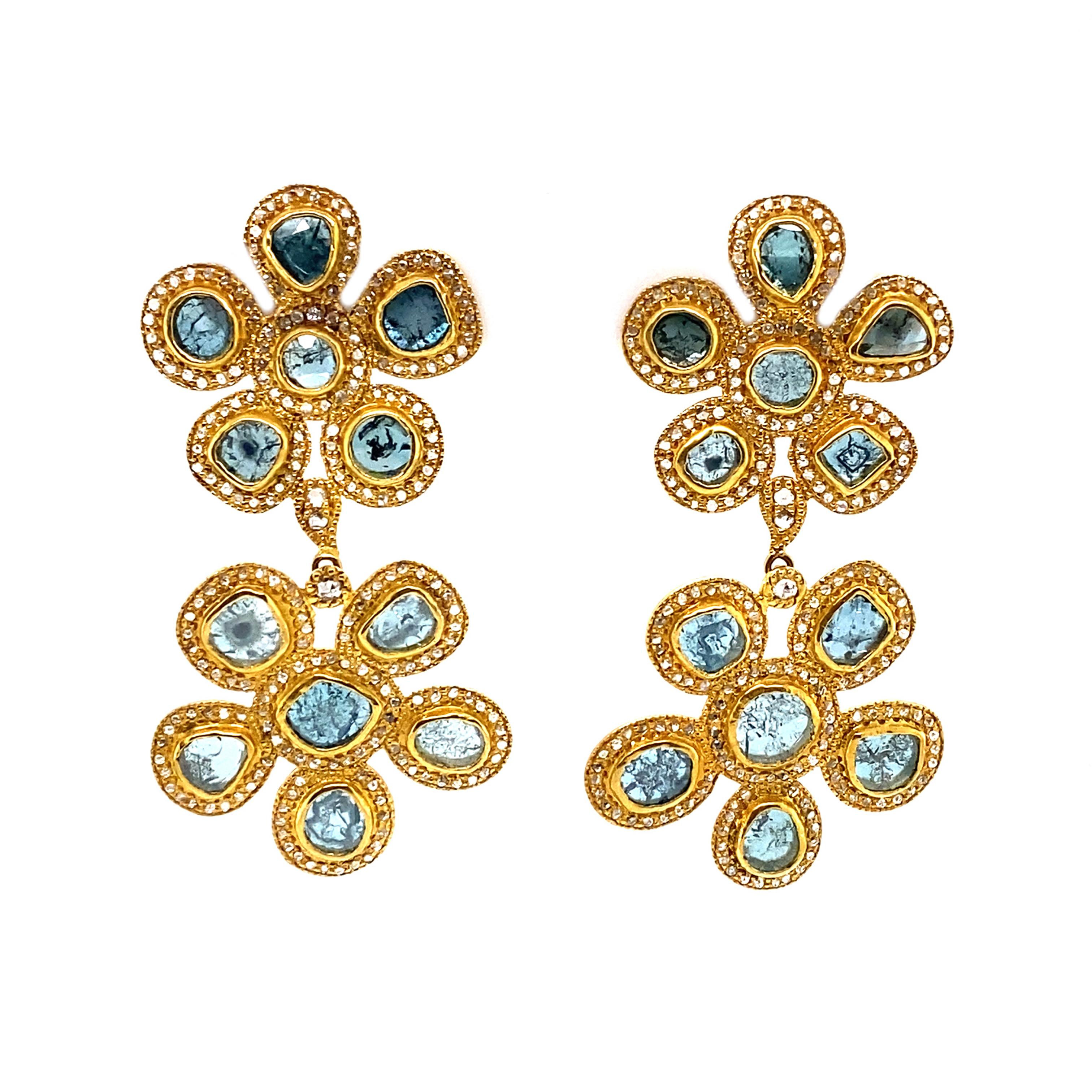 Fancy Double Flower Earrings Set in Yellow Gold with 4.04 Carat Blue ...