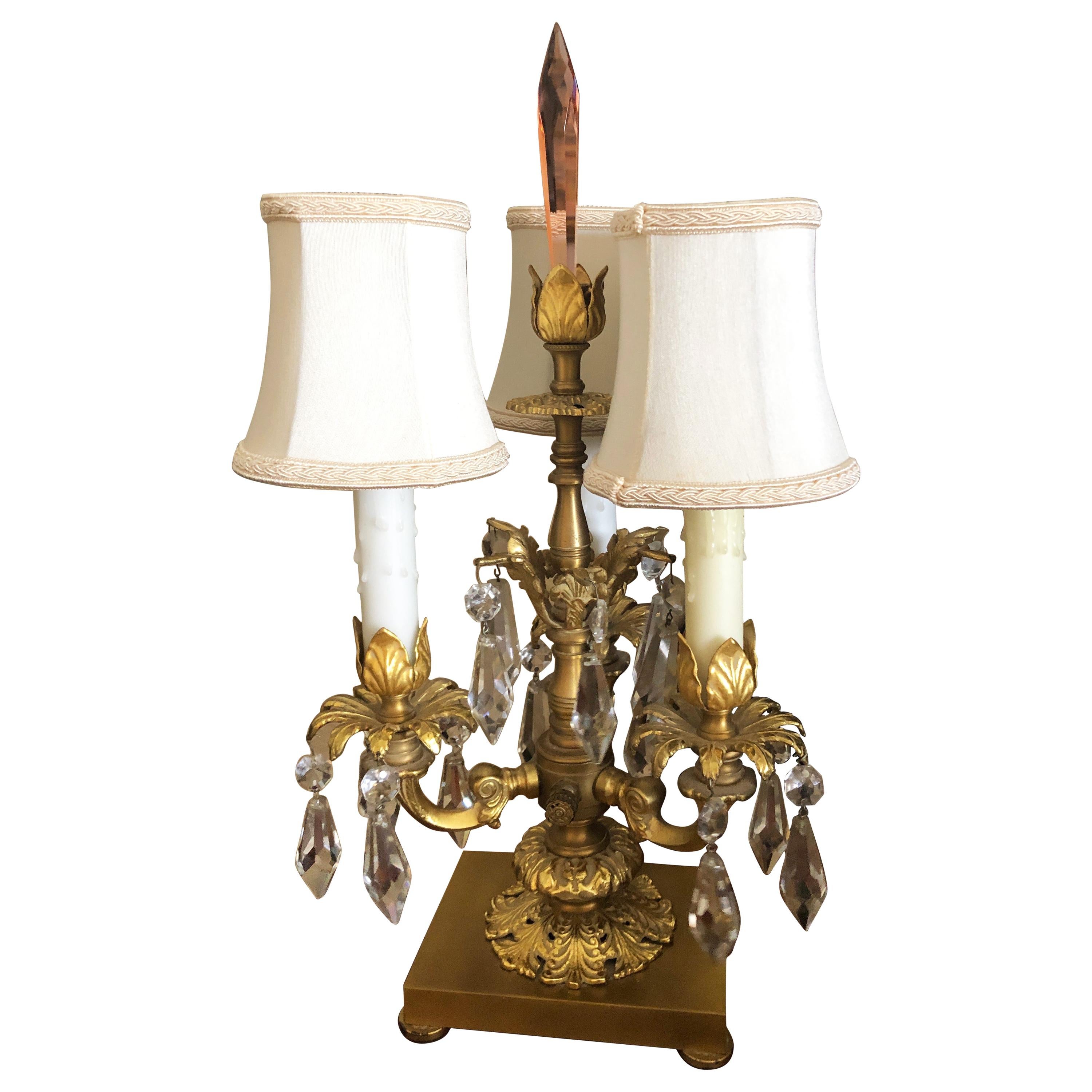 Fancy Empire Bronze 3-Arm Table Lamp Adorned with Crystals at 1stDibs