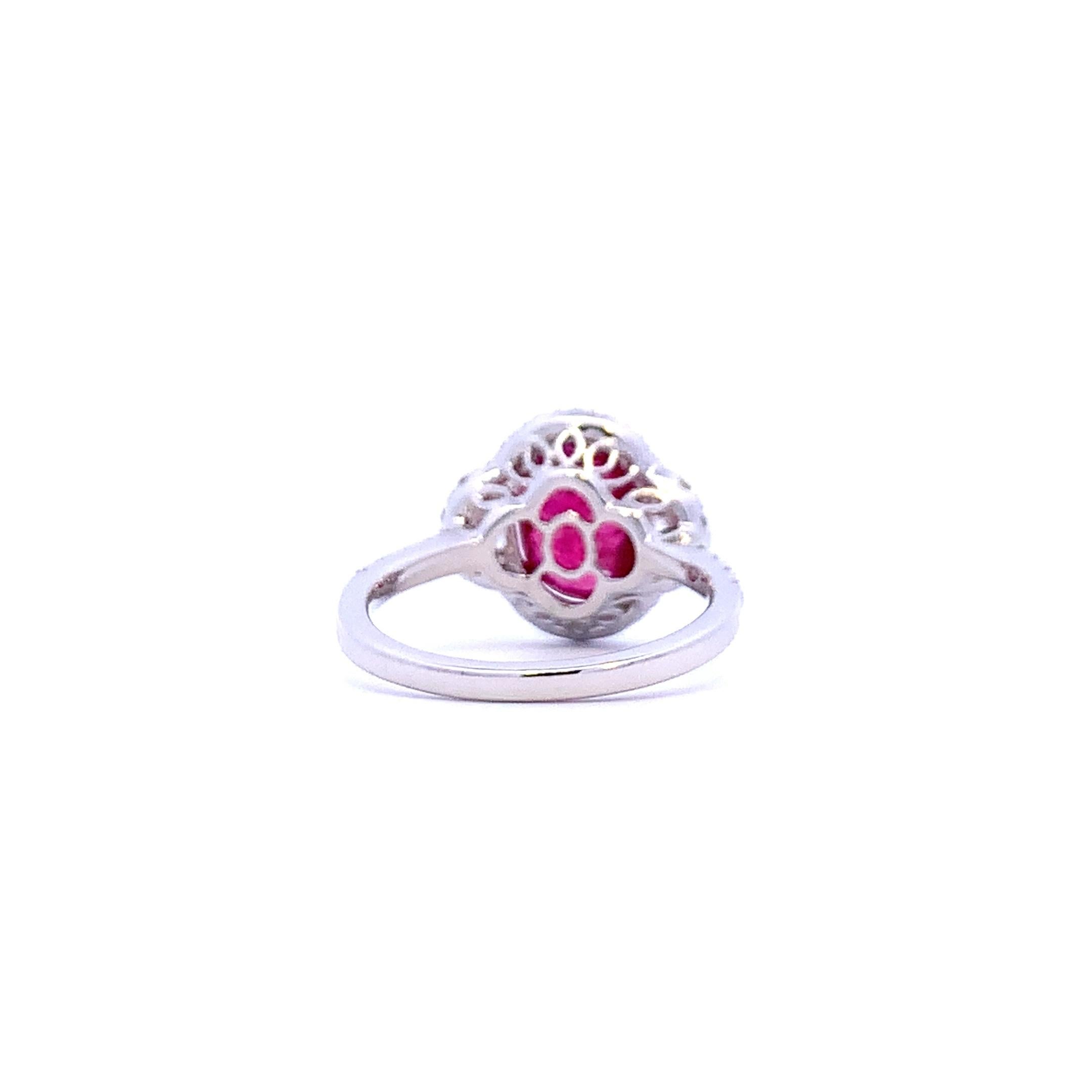 Fancy Halo/Three Stone Hybrid Ruby Ring For Sale at 1stDibs