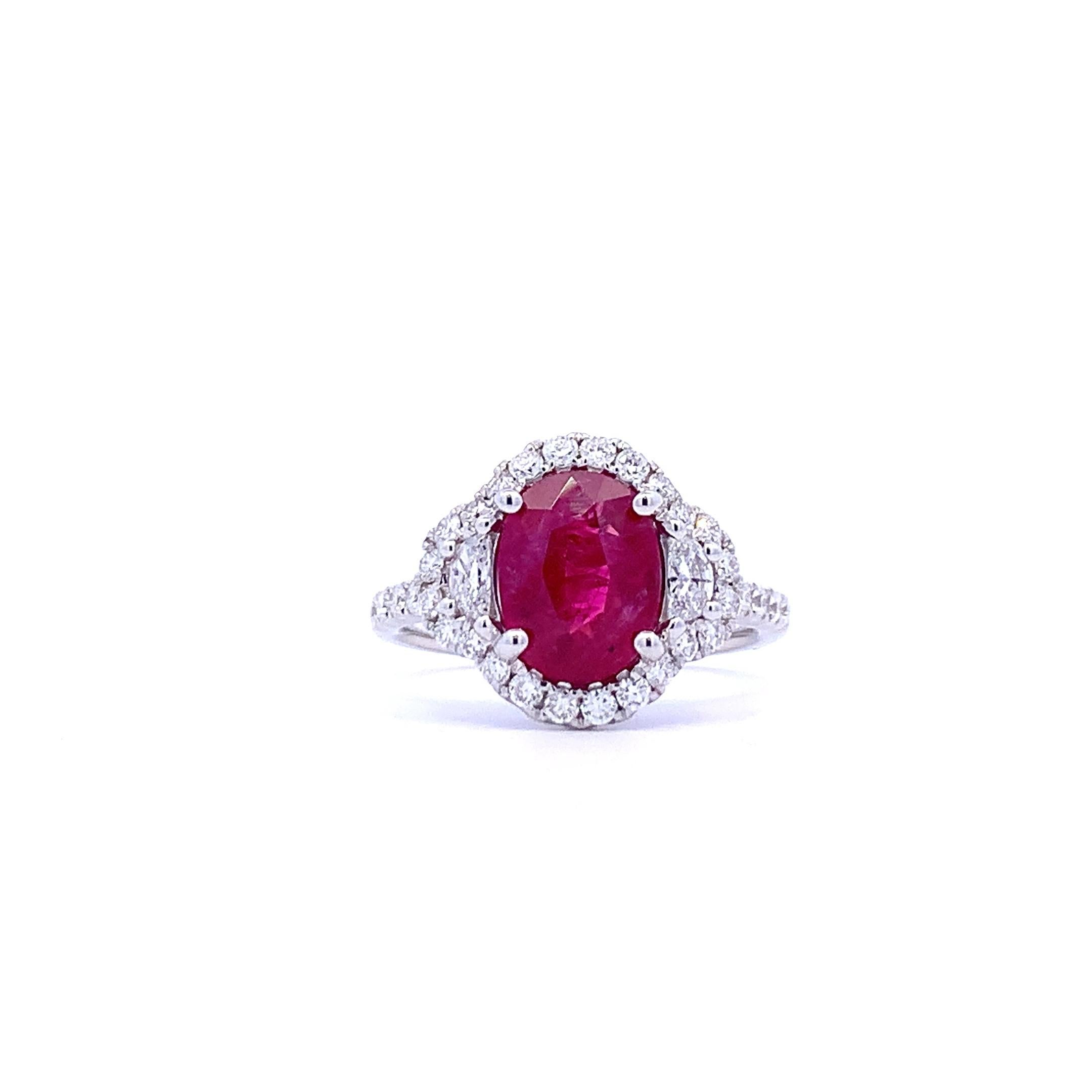 Fancy Halo/Three Stone Hybrid Ruby Ring For Sale at 1stDibs
