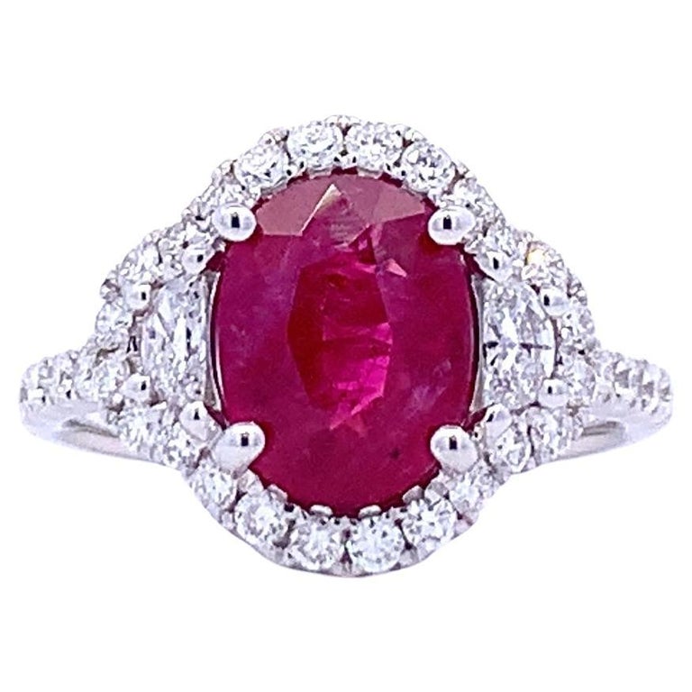 Fancy Halo/Three Stone Hybrid Ruby Ring For Sale at 1stDibs
