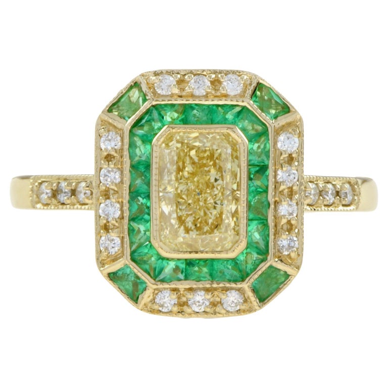 GIA Fancy Light Yellow Diamond with Emerald and Diamond Halo Art Deco ...