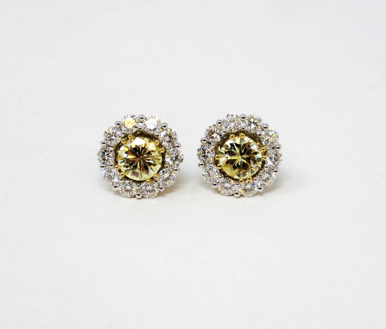Fancy Light Yellow Round Diamond Stud Earrings with White Diamond Halo ...