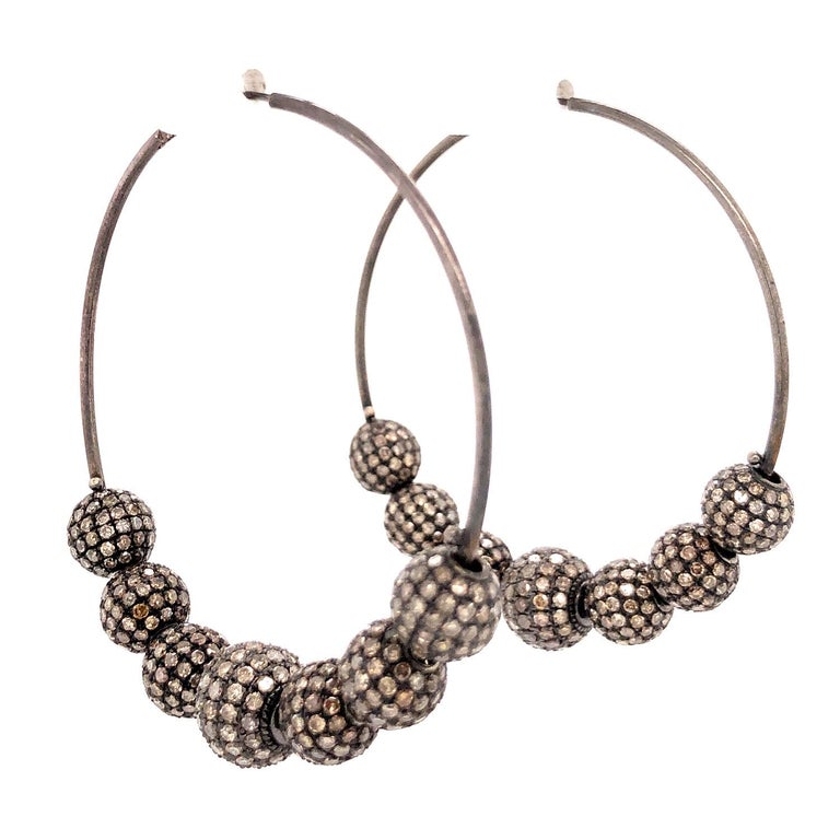 Fancy Pave Diamonds Balls Hoop Earrings Made in Silver For Sale at 1stDibs