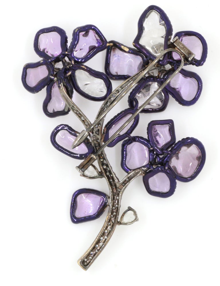 Fancy Shape Sapphire Diamond Flower Brooch in 18 Karat Rhodium Gold For ...