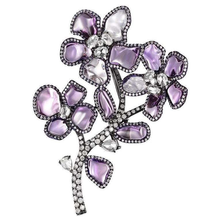 Fancy Shape Sapphire Diamond Flower Brooch in 18 Karat Rhodium Gold For ...