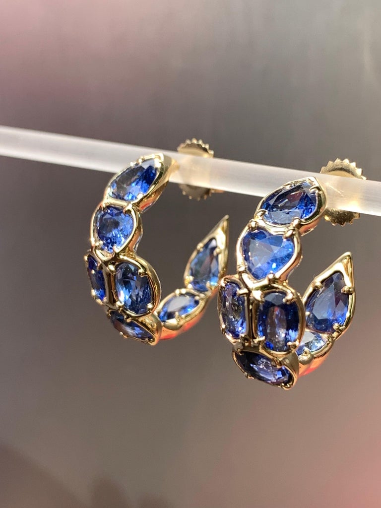 Fancy Shaped Blue Sapphire Ooak Hoop Earrings in 18kt Yellow Gold For ...