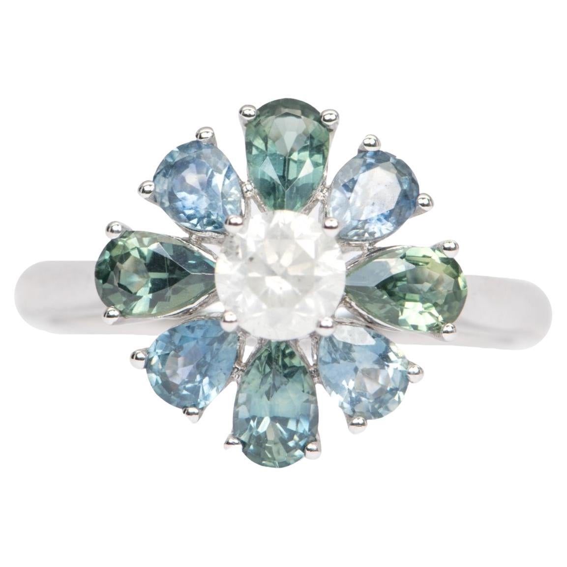 Fancy White Diamond Montana Sapphire Floral Halo 14K White Gold ...