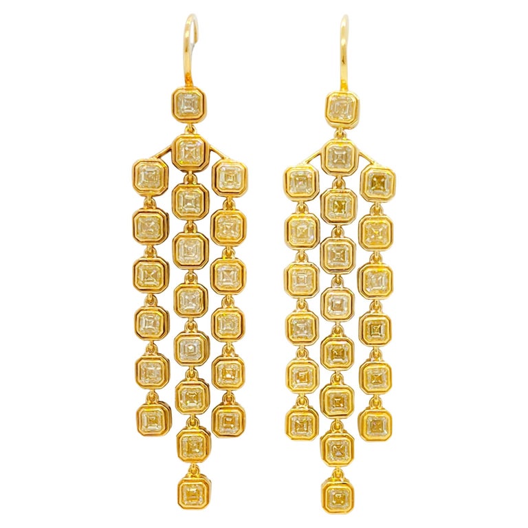Fancy Yellow Asscher Diamond Dangle Earrings in 18k Yellow Gold For ...