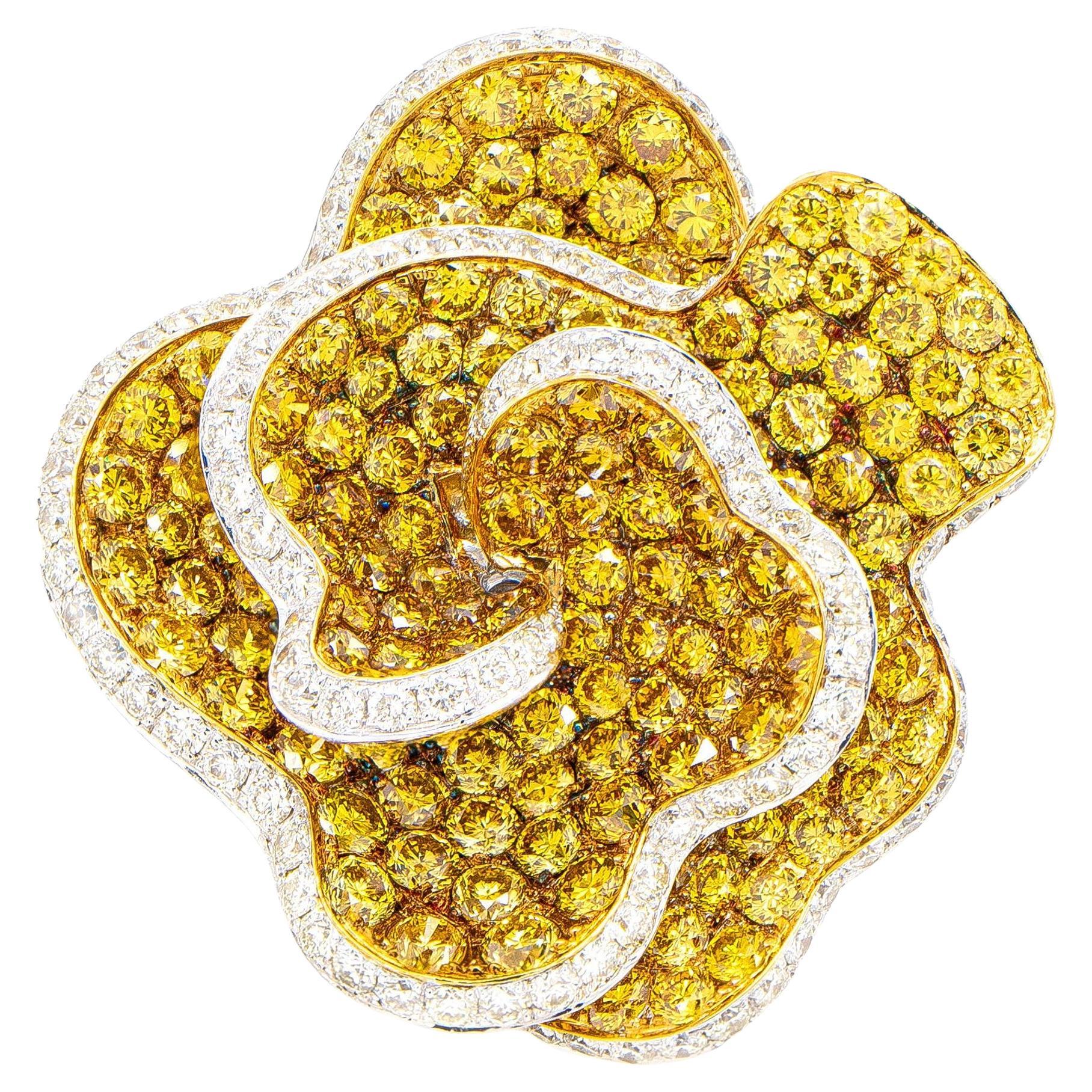 GIA Natural Fancy Yellow Diamond Platinum 18K Gold Flower Cocktail Ri ...