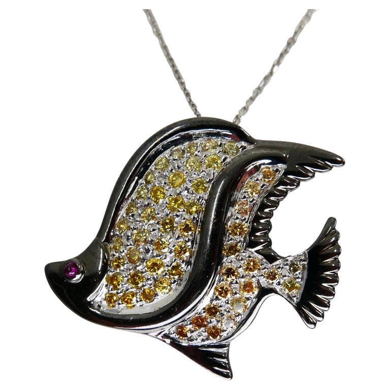 Fancy Yellow and Fancy Orange Diamond Fish Brooch Pendant, Black ...