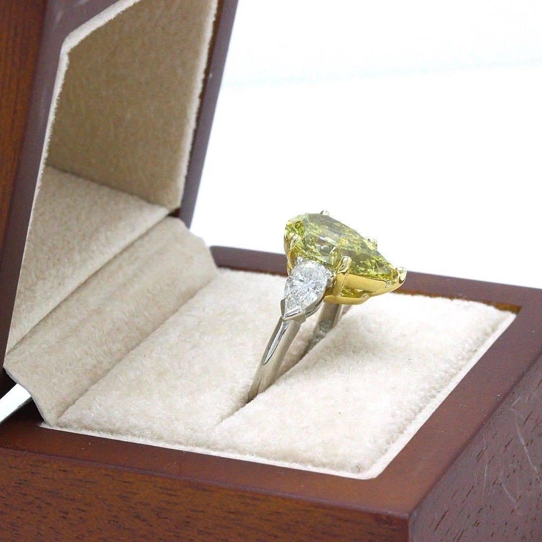 Fancy Yellow Pear Shape Three Stone 3.82TCW Diamond Engagement Ring in ...
