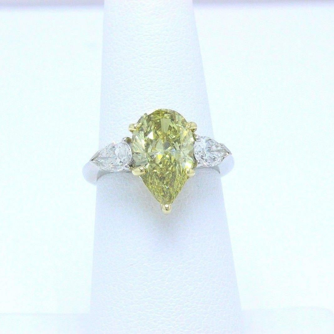 Fancy Yellow Pear Shape Three Stone 3.82TCW Diamond Engagement Ring in ...