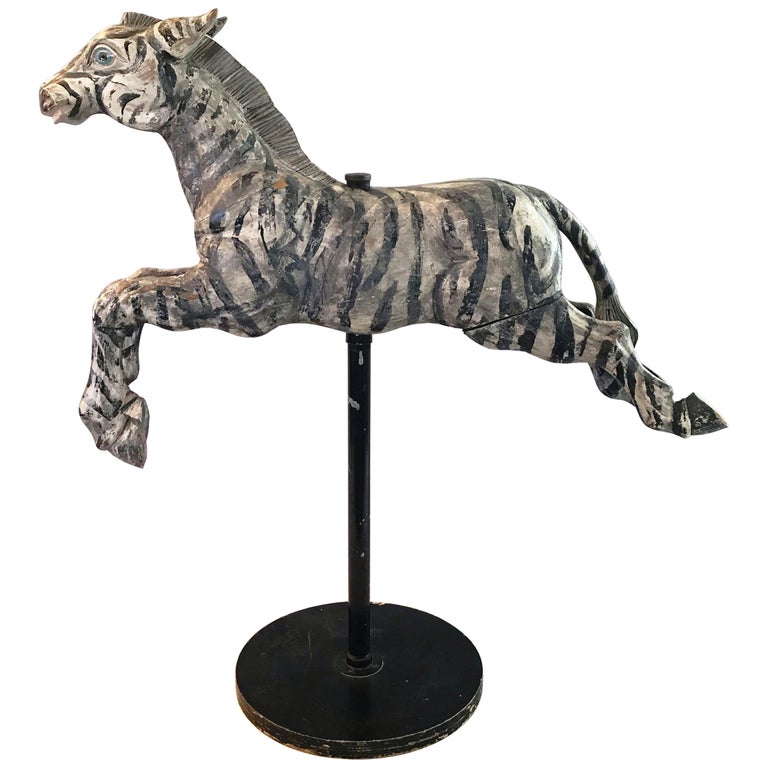 Fantastic Folk Art Large Carved Wood Carousel Zebra at 1stDibs