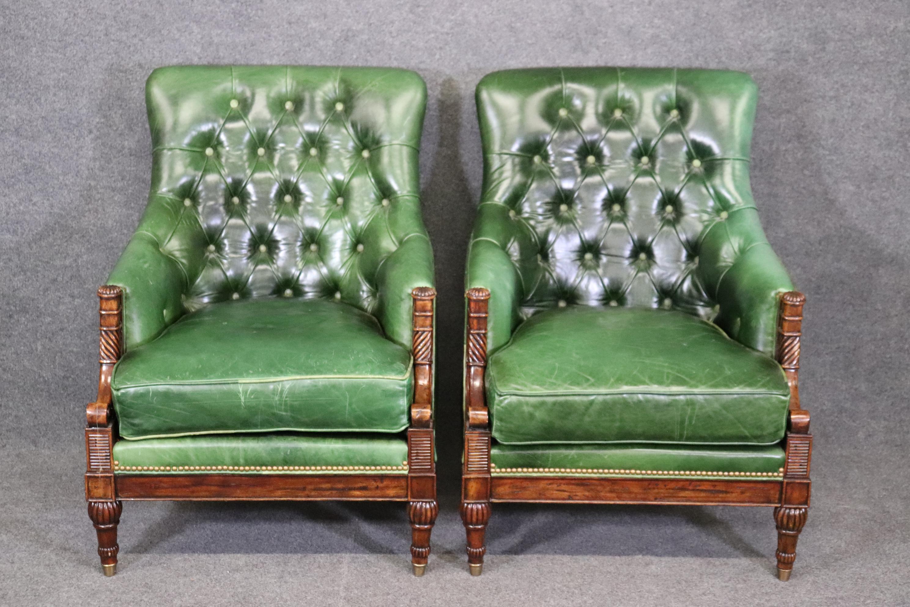 Fantastic Pair of Green Tufted Leather Theodore Alexander Club Chairs ...