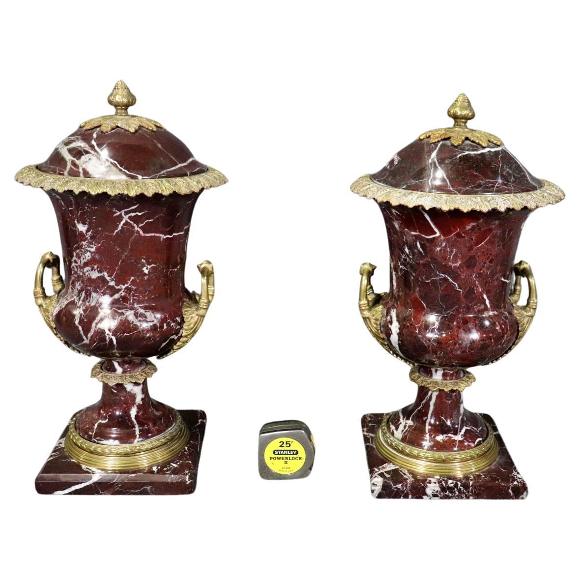 Pair of Neoclassical Rouge Marble Urns with Gilt Bronze Mounts at 1stDibs