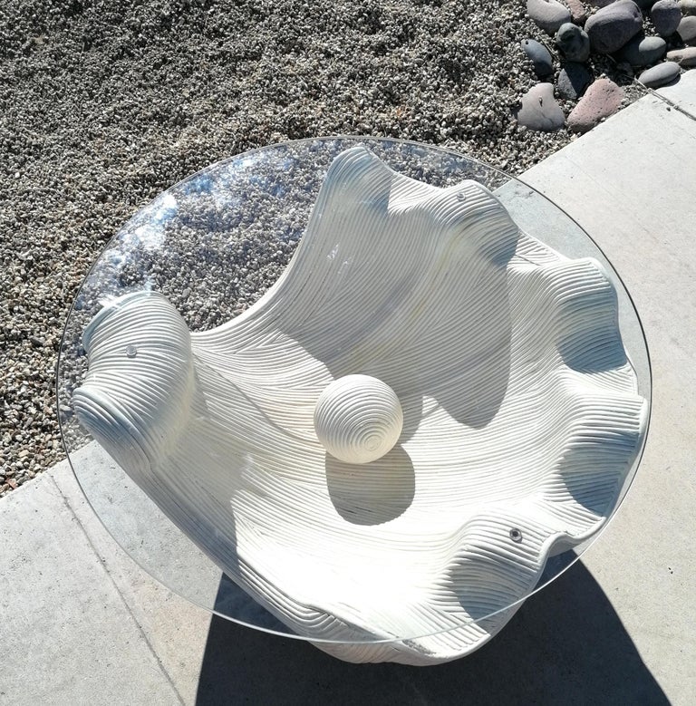 Fantastic Vintage Pencil Reed Clam Shell with Pearl Coffee Table, USA ...