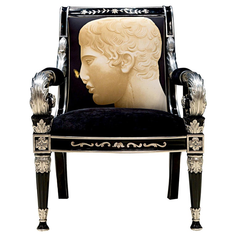 Faraone-Canc Black and Silver Armchair w Printed Fabric, Paolo Canciani ...